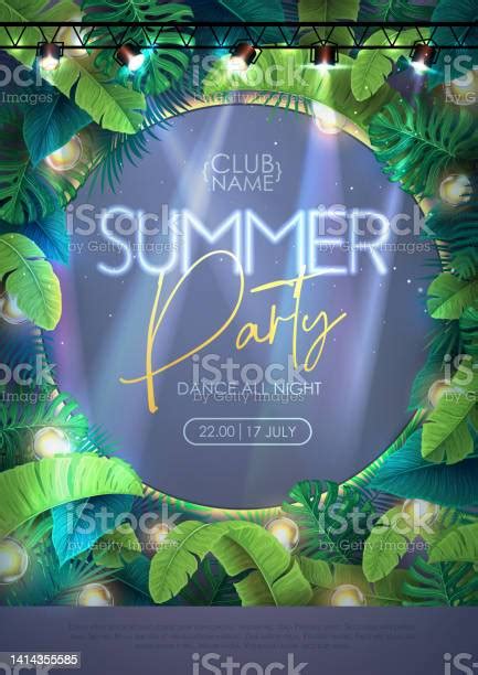 열대 지방의 잎과 현대 전기 램프가있는 여름 열대 디스코 파티 포스터 자연 개념 여름 배경 벡터 일러스트 레이 션 벡터에 대한 스톡 벡터 아트 및 기타 이미지 Istock