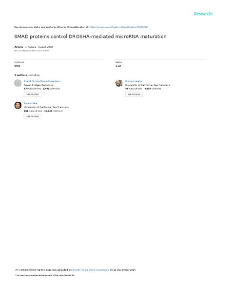 Pdf Smad Proteins Control Drosha Mediated Microrna Maturation Akiko