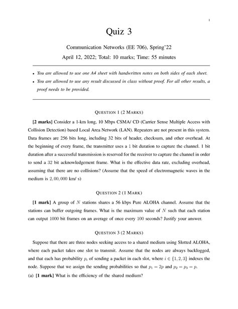 Quiz Quiz Questions Quiz Communication Networks EE