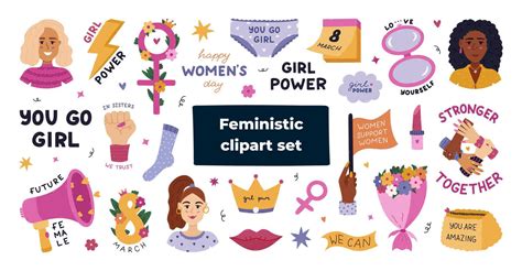 Big Cartoon Girl Power Set For Sisterhood Gender Equality Women