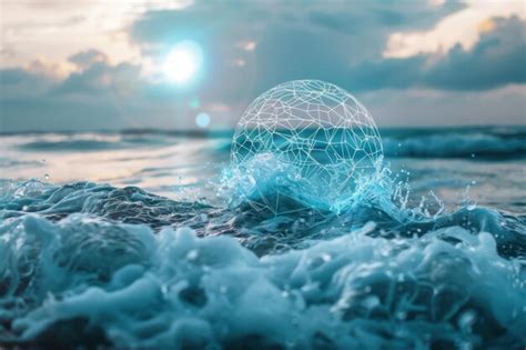 Digital Network Globe Amidst Serene Ocean Waves Symbolizing The