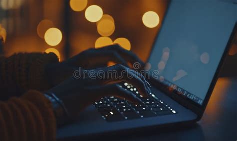 close up of hands typing on laptop keyboard at night with warm bokeh