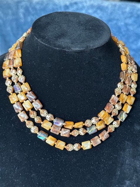 Faux Tortoise Shell Triple Strand Necklace Gem