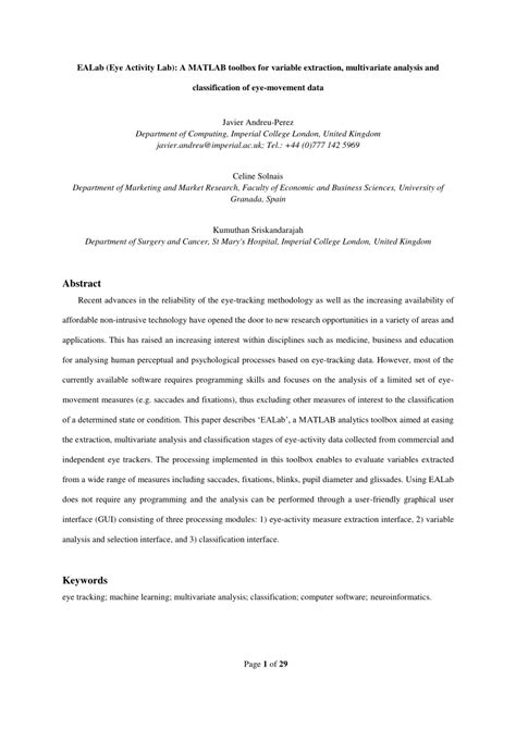 PDF EALab Eye Activity Lab A MATLAB Toolbox For Variable Extraction Multivariate Analysis