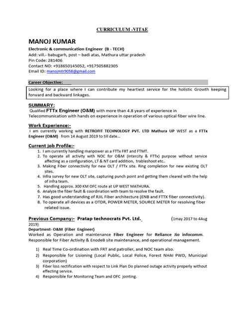 Manoj Kumar Cv Pdf Optical Fiber Fiber To The X