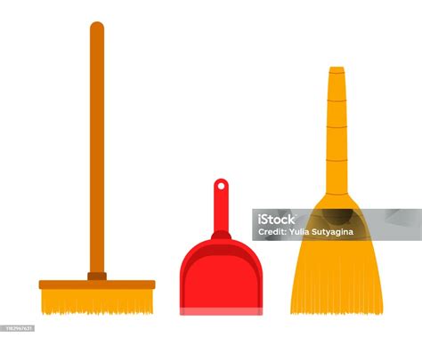 빗자루 걸레 국자 가정용 청소 기구 세트입니다 흰색 배경에서 격리된 플랫 벡터 그림 가사 집안일에 대한 스톡 벡터 아트 및 기타 이미지 가사 집안일 가정 생활 개체