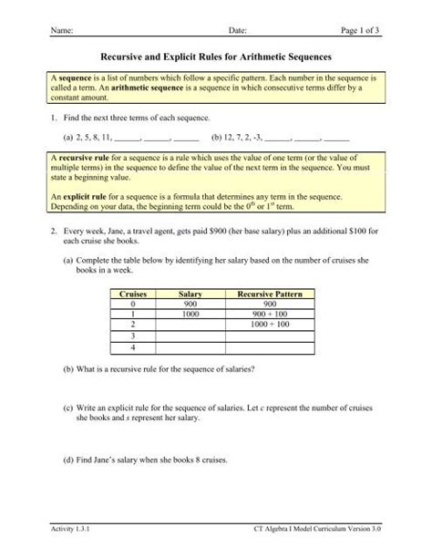 Activity 1 3 1 Recursive And Explicit Rules For Arithmetic Sequences Worksheets Library
