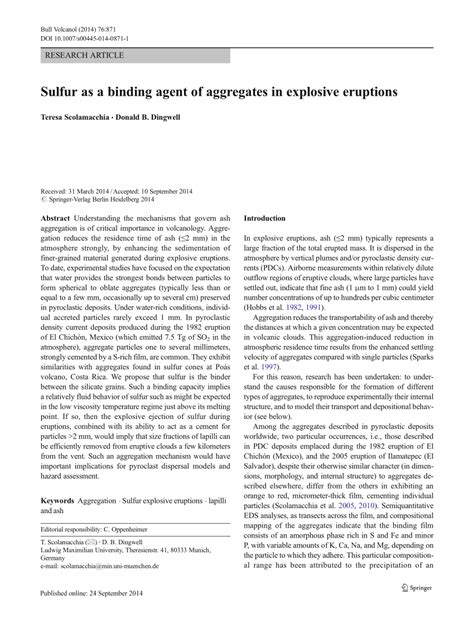 Pdf Sulfur As A Binding Agent Of Aggregates In Explosive Eruptions