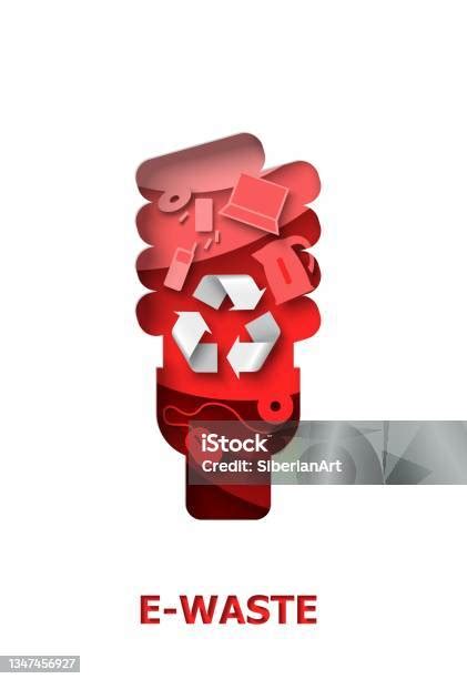 전자 폐기물 재활용 가능한 재료 표지판 벡터 종이 절단 그림으로 전기 램프를 재활용합니다 재사용 재활용 3차원 형태에 대한 스톡 벡터 아트 및 기타 이미지 Istock