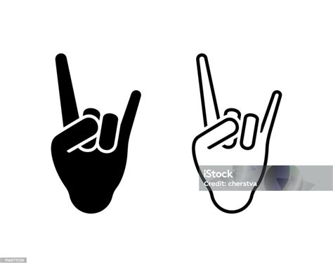 바위 손 기호 제스처 벡터 일러스트 아이콘 세트입니다 두 손가락 주먹 헤비메탈 혼 라인 윤곽선 컷 아웃 블랙 화이트 실루엣