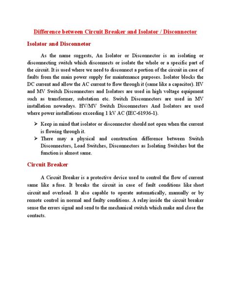 Difference Between Circuit Breaker And Isolator Pdf Switch Power Supply