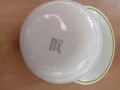 2 Corelle Corning Classic Cafe Light Green Rim Striped Bowls 6 1 4