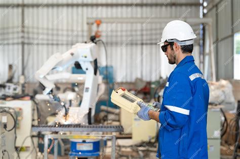 Premium Photo Male Automation Engineer Using Remote Controller Control Robot Arm Welding