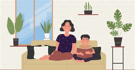 행복한 가족은 집에서 시간을 보내고 엄마와 아이 아들은 책을 읽고 벡터 일러스트레이션을 함께 공부합니다 만화 엄마와 소년은 책 문학을 읽고 거실 내부의 아늑한 소파에