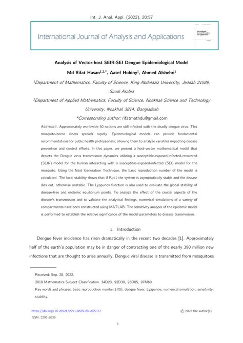 Pdf Analysis Of Vector Host Seir Sei Dengue Epidemiological Model