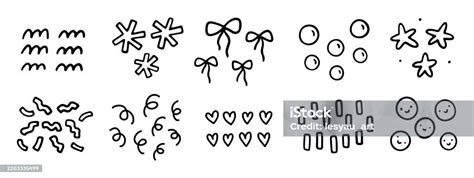 귀여운 장식 디자인 요소 다양한 모양의 추상적인 구불구불한 선 별 하트 색종이 조각 활 거품 파도 벡터 손으로 그린 낙서 그림은 흰색 배경에 고립되어 있습니다 개체 그룹에