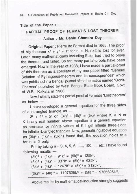 Pdf Partial Proof Of Fermats Lost Theorem