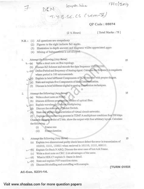 Data Communication Networking And Security 1 2014 2015 B Sc Computer Science Semester 5 Tybsc