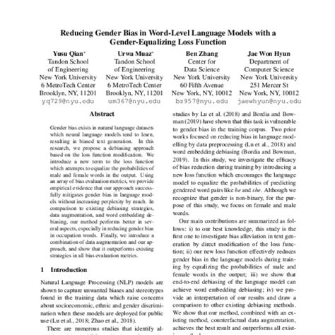 Reducing Gender Bias In Word Level Language Models With A Gender Equalizing Loss Function Acl