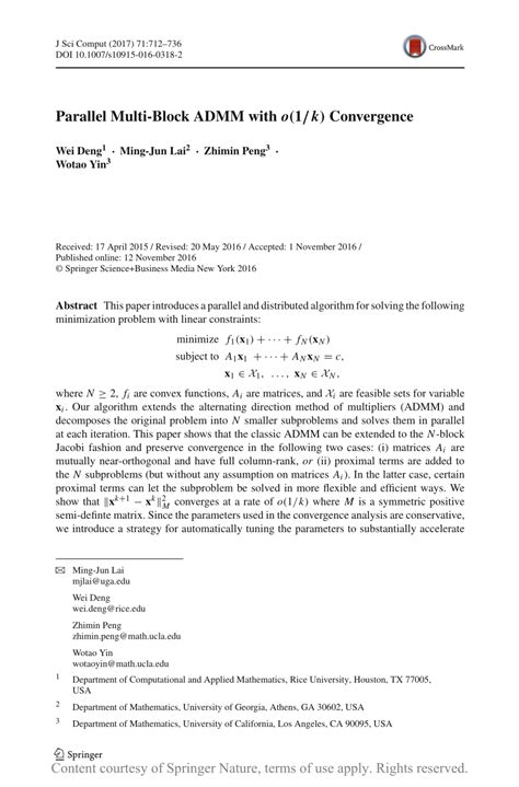 Parallel Multi Block Admm With O1 K Convergence Request Pdf