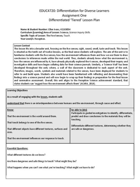 Assignment 1 Tiered Lesson Template 2017 Pdf Science Teachers