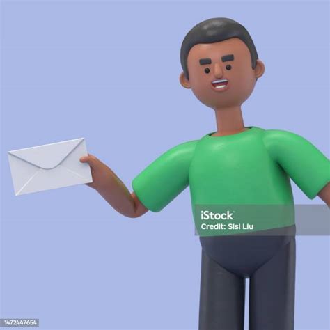 잘 생긴 아프리카 남자 데이비드가 봉투를 들고 있는 3d 그림 파란색 배경에 3d 렌더링 가공의 인물에 대한 스톡 사진 및 기타