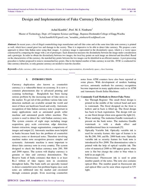 design and implementation of fake currency detection system pdf