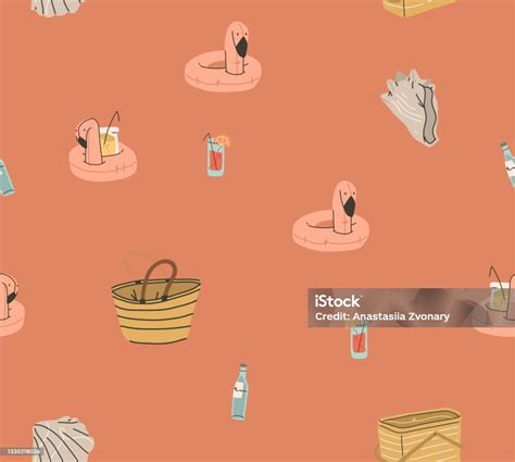 손으로 그린 벡터 추상 스톡 그래픽 여름 만화 보헤플라밍고 칵테일 링과 조개 색상 배경에 고립 된 창조적 인 현대 미니멀 일러스트 매끄러운 패턴 마실 것에 대한 스톡 벡터