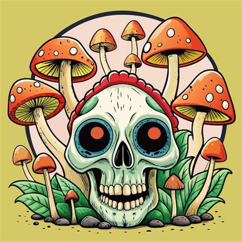 A Drawing Of A Skull With Mushrooms And Mushrooms Premium Ai
