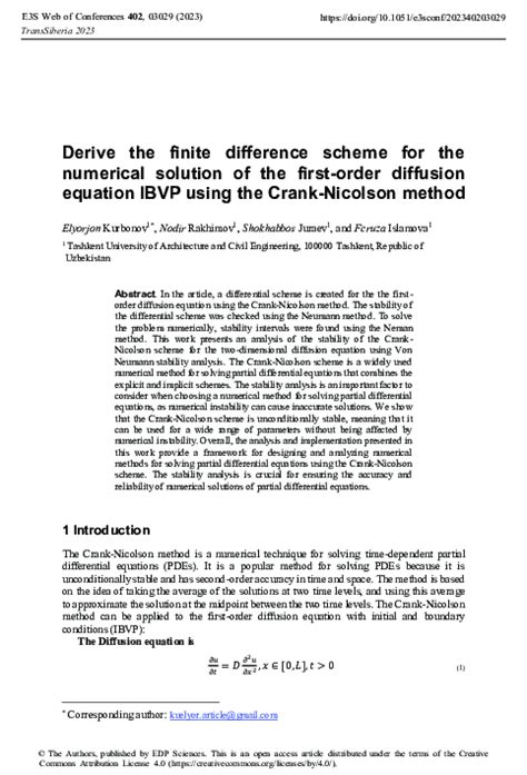 Pdf Derive The Finite Difference Scheme For The Numerical Solution Of