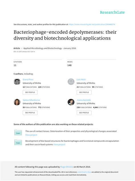 Bacteriphage Encoded Depolymerases Their Diversity And Biotechnological Application 2016 Pdf