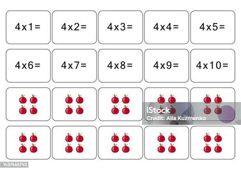 곱셈과 나눗셈 표 4 예를 들어 그림이있는 수학 카드 곱셈 광장 벡터 그림입니다 인쇄물 배너 어린이 학생을위한 테이블 학교 교육 논리적 과제 0명에 대한 스톡 벡터 아트 및