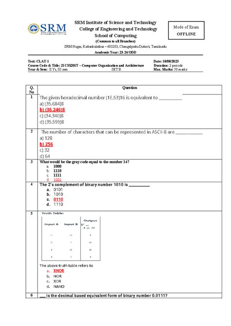 Answer Key Set B Coa Srm Institute Of Science And Technology College Of Engineering And