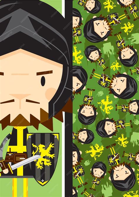 칼과 방패 역사 일러스트와 함께 귀여운 만화 큰 머리 용감한 중세 기사 프리미엄 벡터