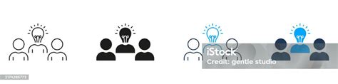 솔루션 아이디어 혁신 픽토그램 팀워크 팀 전구 라인 실루엣 아이콘 세트 전구 기호가 있는 창의적인 커뮤니티 편집 가능한 획