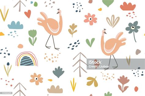 아이들의 원시 그림 타조 새 및 파스텔 색상의 다양한 요소에서 현대적인 매끄러운 패턴 흰색 배경에 분리된 플랫 스타일의 귀여운 디자인 귀여운에 대한 스톡 벡터 아트 및 기타