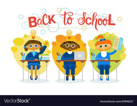 Back To School Pupils Group Sitting At Desk Vector Image