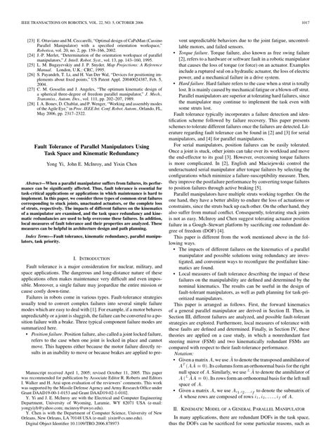 Pdf Fault Tolerance Of Parallel Manipulators Using Task Space And