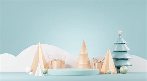 3d 렌더링 메리 크리스마스 연단 플랫폼 장면은 겨울 시즌 테마에서 크리스마스 트리 선물 공 및 눈송이로 장식합니다 추상 최소 받침대 제품 디스플레이 축제 크리스마스 3차원