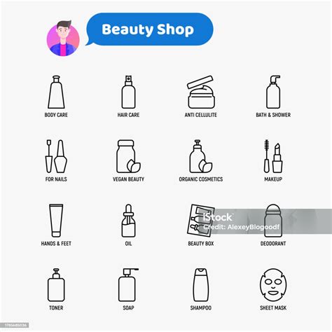 뷰티 숍 얇은 라인 아이콘 세트 스킨 케어 크림 젤 유기농 화장품 메이크업 비누 디스펜서 네일 케어 뷰티 박스 데오도란트 얼굴 오일 스크럽 샴푸 시트 마스크 현대 벡터