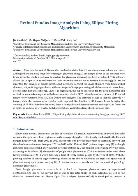 Pdf Retinal Fundus Image Analysis Using Ellipse Fitting Algorithm