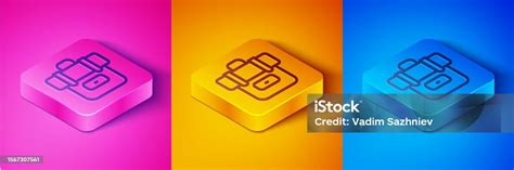 분홍색과 주황색 파란색 배경에 격리 된 등색 라인 하이킹 배낭 아이콘 캠핑과 산을 탐험 하는 배낭 정사각형 버튼입니다 벡터 3차원 형태에 대한 스톡 벡터 아트 및 기타