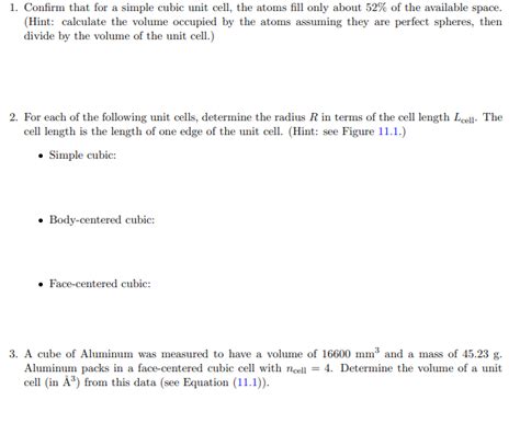 Solved 1 Confirm That For A Simple Cubic Unit Cell The Chegg Com