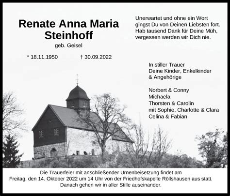Traueranzeigen Von Renate Anna Maria Steinhoff Trauerhnade