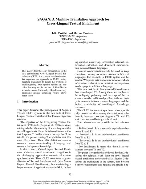 Pdf Sagan A Machine Translation Approach For Cross Lingual Textual Entailment