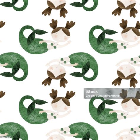 귀여운 인어 아이 일러스트 아이 패션을 위한 유치한 그래픽 보헤미안 바다 생물 티셔츠 프린트 및 디자인 포스터 카드 스티커 장식