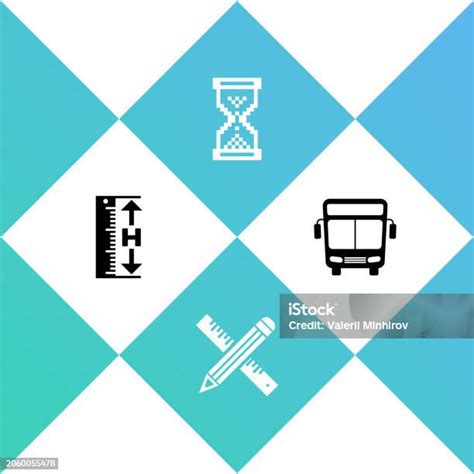 높이와 길이 측정 십자 눈금자 연필 모래시계 픽셀 및 버스 아이콘을 설정합니다 벡터 검은색에 대한 스톡 벡터 아트 및 기타