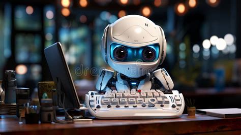 Cute Robot At Office Desk Made With Generative Ai Stock Illustration