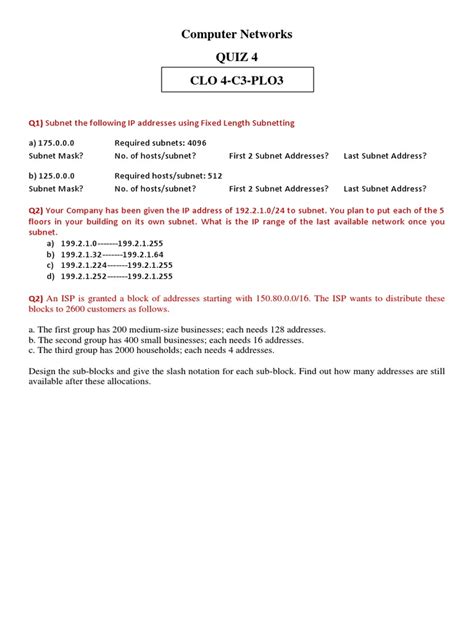Computer Networks Quiz 4 Clo 4 C3 Plo3 Pdf
