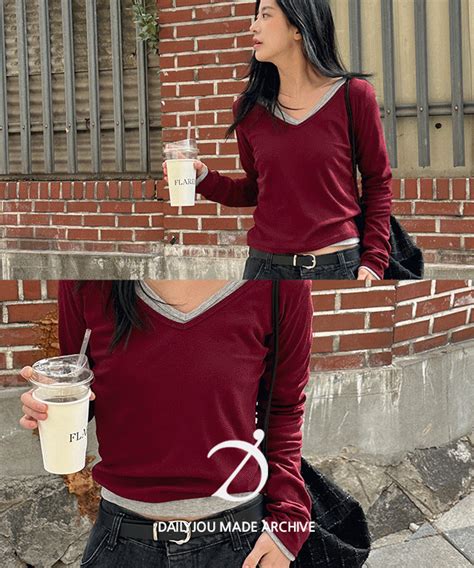 데일리쥬 Made 샐리 레이어드 브이넥 긴팔 티셔츠